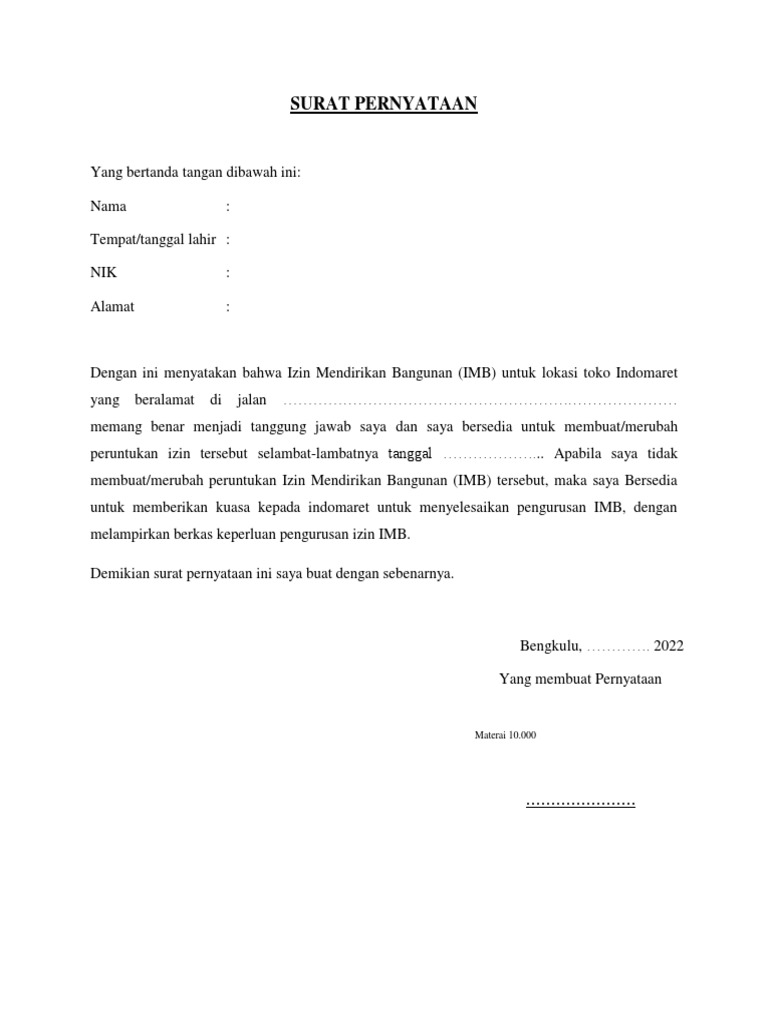 Surat Pernyataan Imb Kosong Fix | PDF