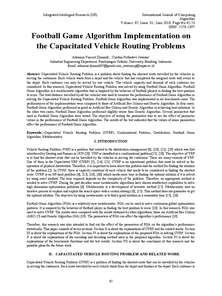 Football Game Algorithm Implementation On The Capacitated Vehicle Routing Problems Pdf