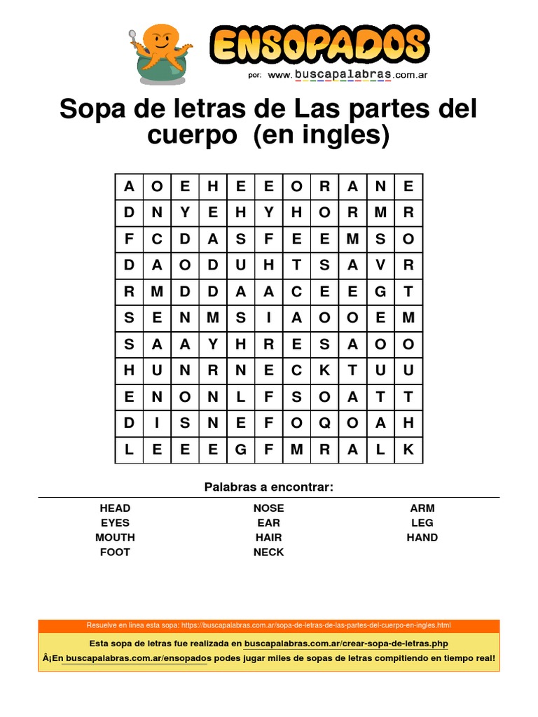 Sopa de Letras de Las Partes Del Cuerpo en Ingles | PDF