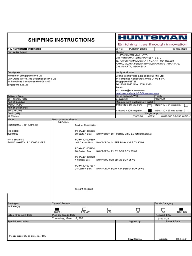 Huntsman Shipping Instructions to Singapore | PDF | Cargo ...