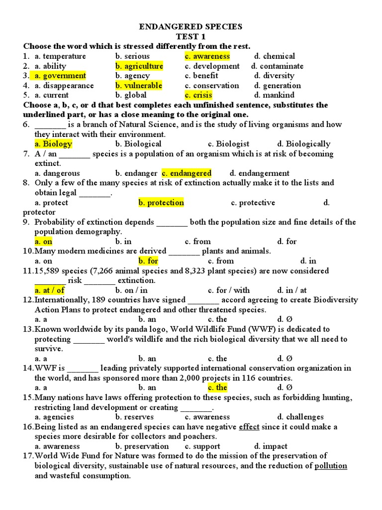 Endangered Species Quiz | PDF | Biodiversity | Conservation Biology