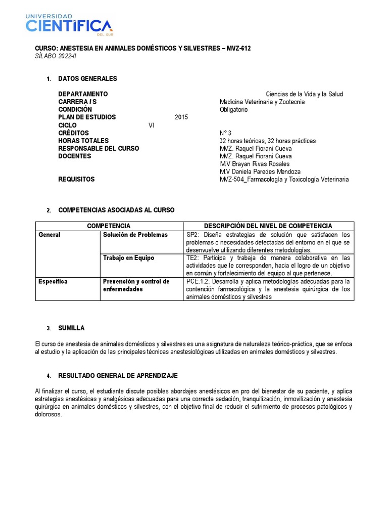 Anestesia en Animales Domésticos y Silvestres - MVZ-612 - 2022-2 | PDF ...