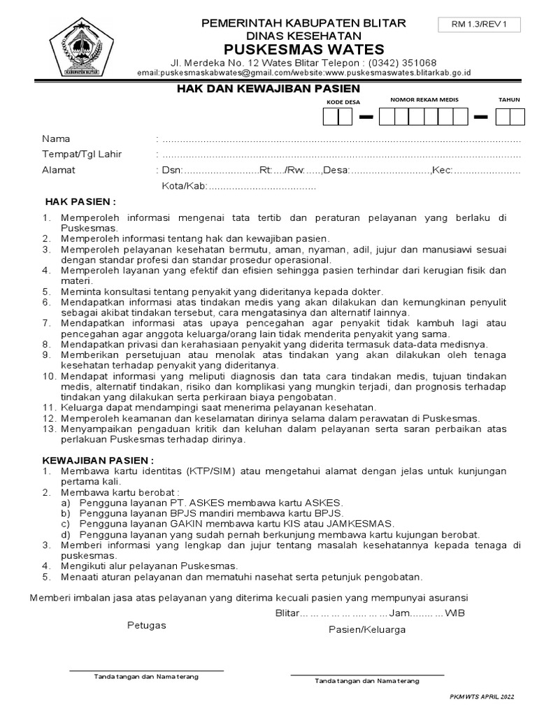 RM 1.3 Formulir Hak Dan Kewajiban Pasien 2022 | PDF