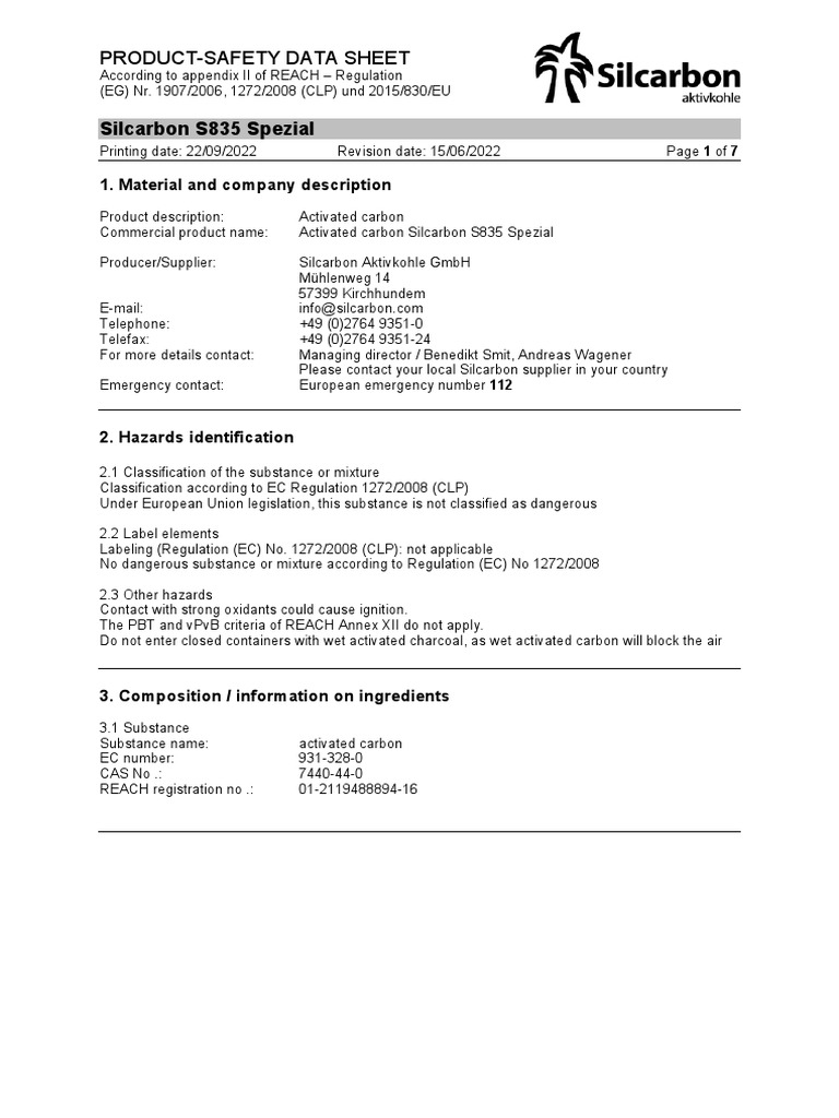 MSDS - Silcarbon S835 Spezial - en | PDF | Toxicity | Dangerous Goods