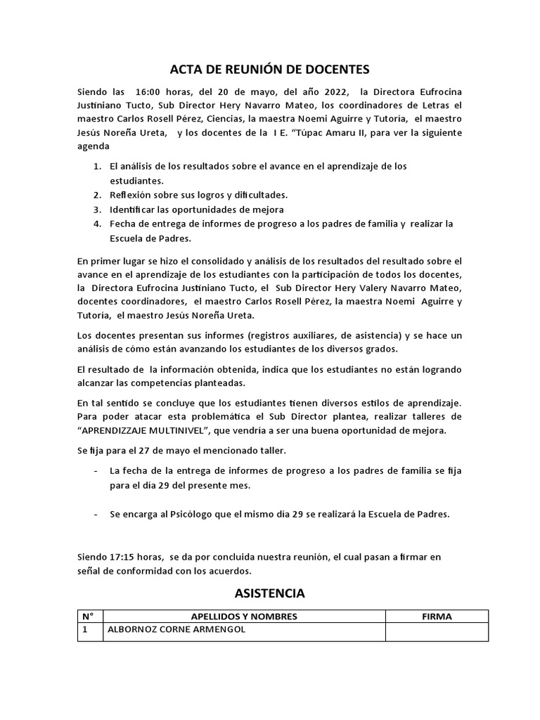 Acta de Reunión de Docentes | PDF