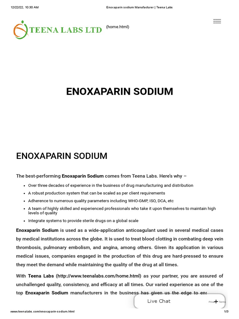 Enoxaparin Sodium Manufacturer - Teena Labs | PDF | Thrombosis | Health ...