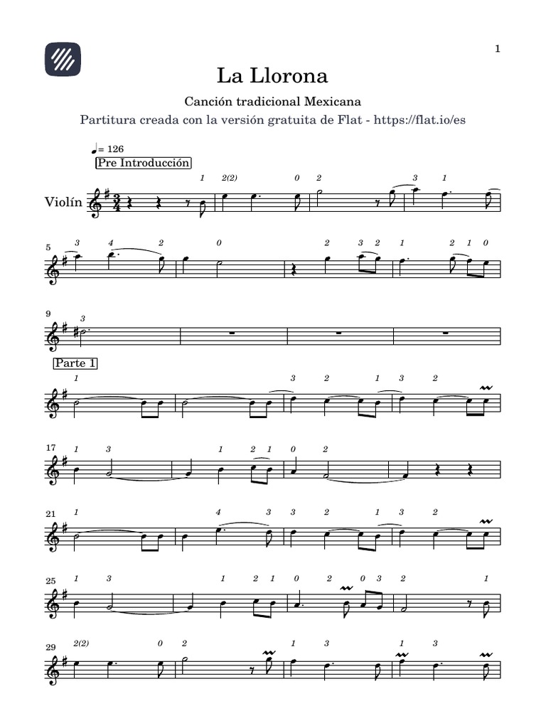 Partitura de La Llorona para Violín | PDF