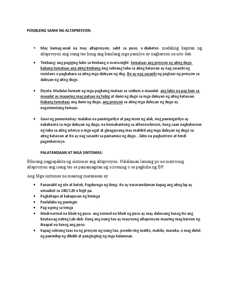 Posibleng Sanhi NG Altapresyon | PDF Posibleng Sanhi NG Altapresyon | PDF