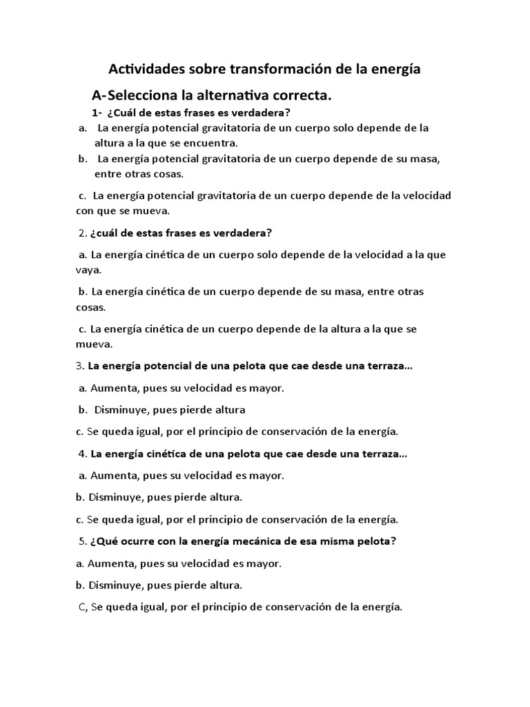 Actividades Sobre Transformación de La Energía | PDF | Energía cinética ...