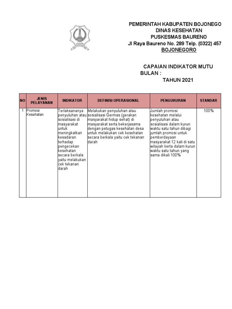 Format Capaian Indikator Mutu Bulanan | PDF