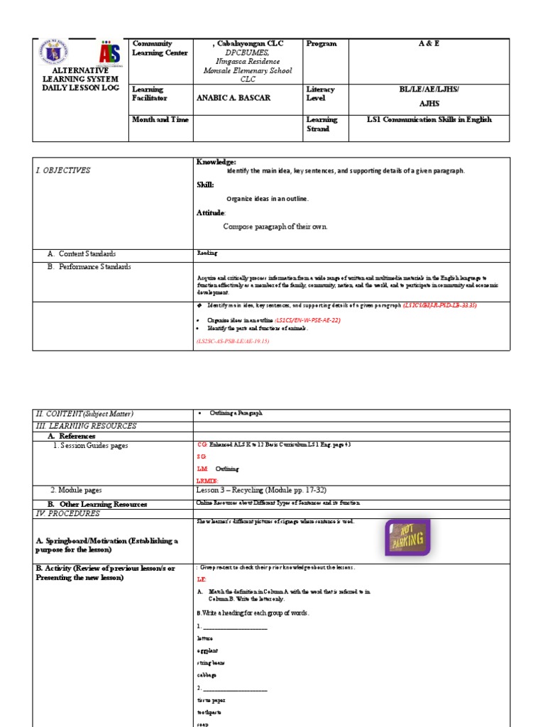 Daily Lesson Log: Outlining Skills | PDF | Learning | Teachers