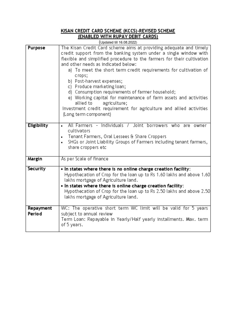 Kisan Credit Card Scheme (KCCS) - Revised Scheme | PDF