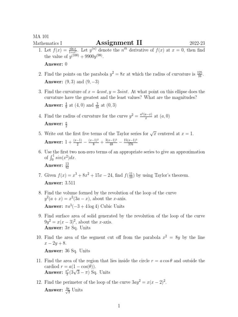 MA 101 Assignment II | PDF | Area | Curvature