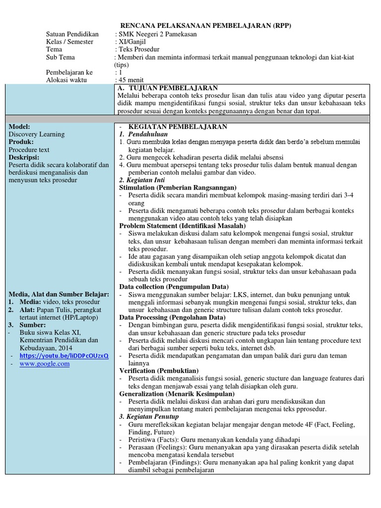 Rencana Pelaksanaan Pembelajaran Procedure Text | PDF | Karier & Perkembangan