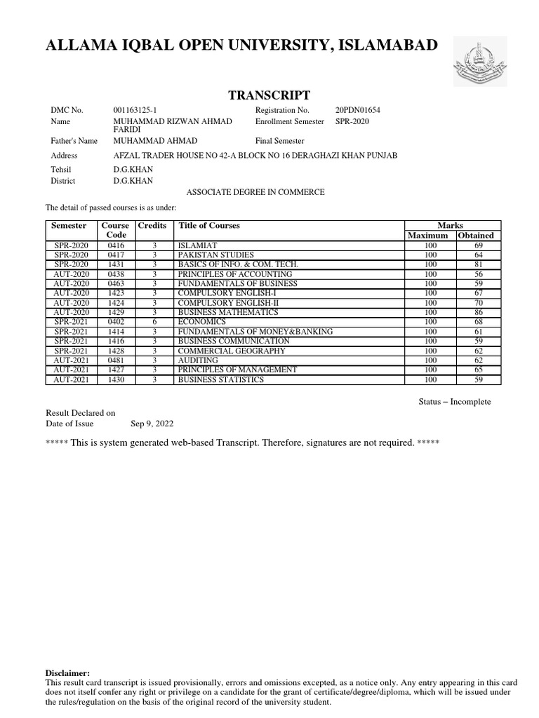 AIOU Transcript Title | PDF