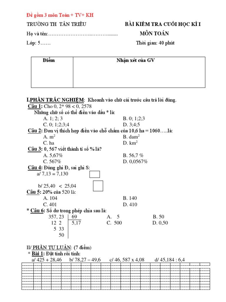 ĐỀ THI CHKI T+TV+KH lớp 5 Đề 1 | PDF