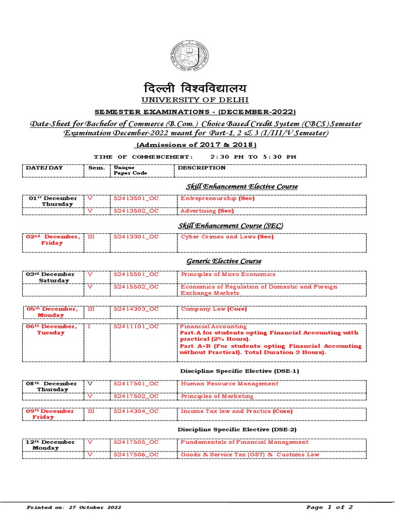 B.Com. December 2022 Exam Date-Sheet | PDF | Course Credit | Accounting