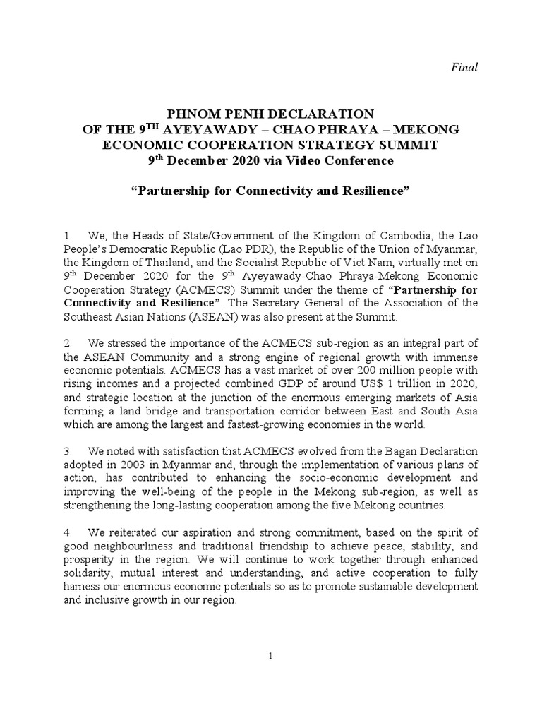 1-Phnom Penh - Declaration - 9th - ACMECS - Summit - Final | PDF ...
