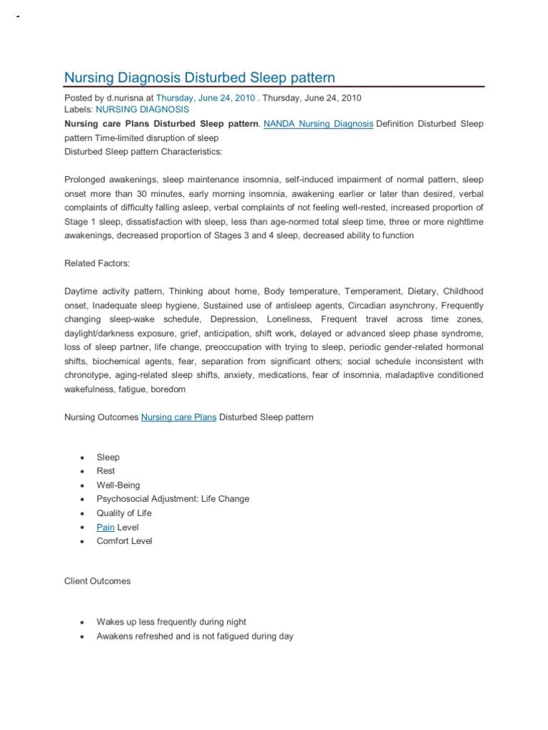 Nursing Diagnosis Disturbed Sleep Pattern | PDF | Insomnia | Sleep