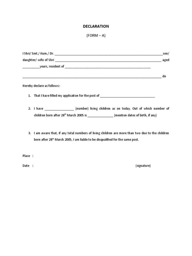 Small Family Norms Declaration Form A | PDF