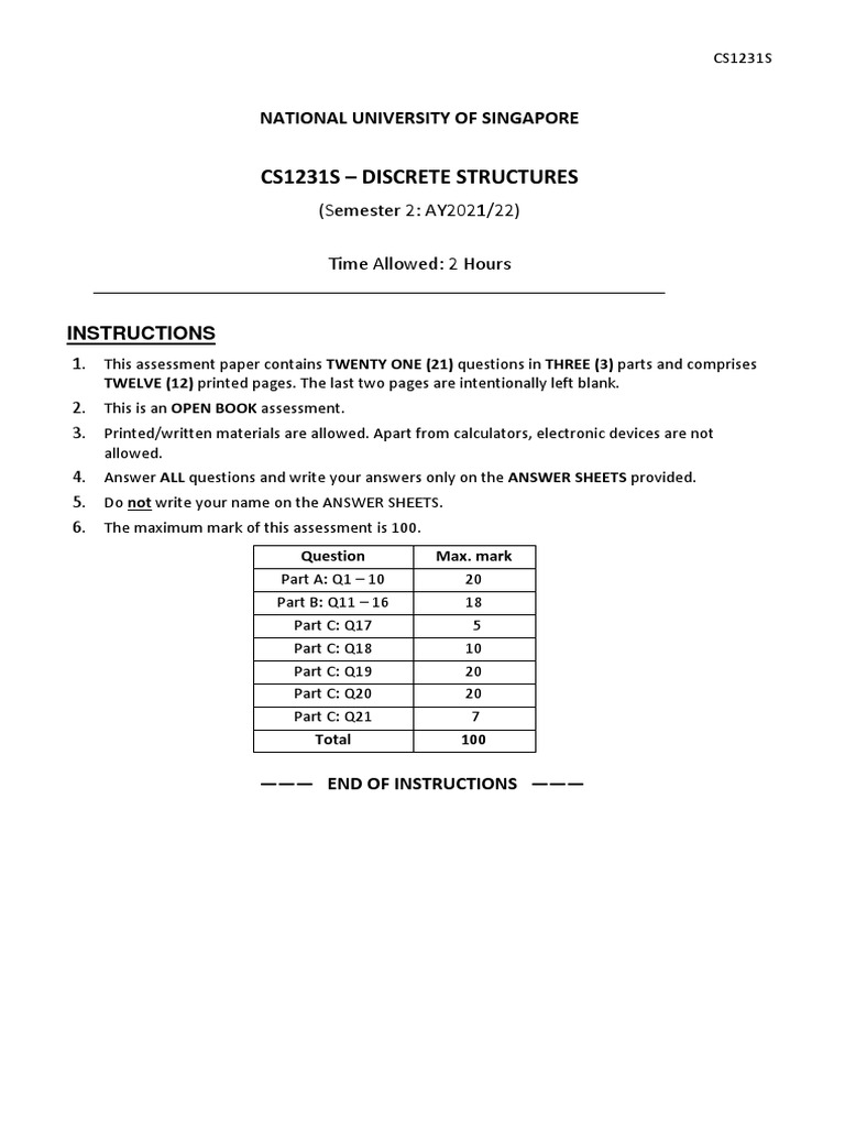 cs1231s Exam21s2 Qns | PDF | Integer | Mathematics