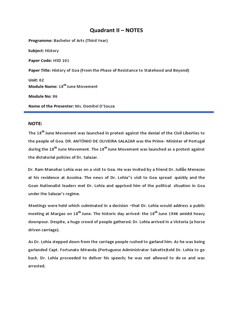 History of Goa 18th June Movement | PDF