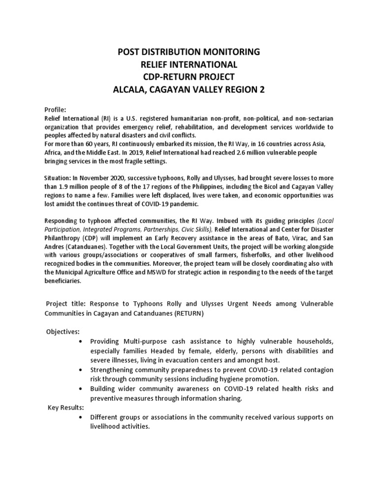 Post Distribution Monitoring Relief International Cdp-Return Project ...