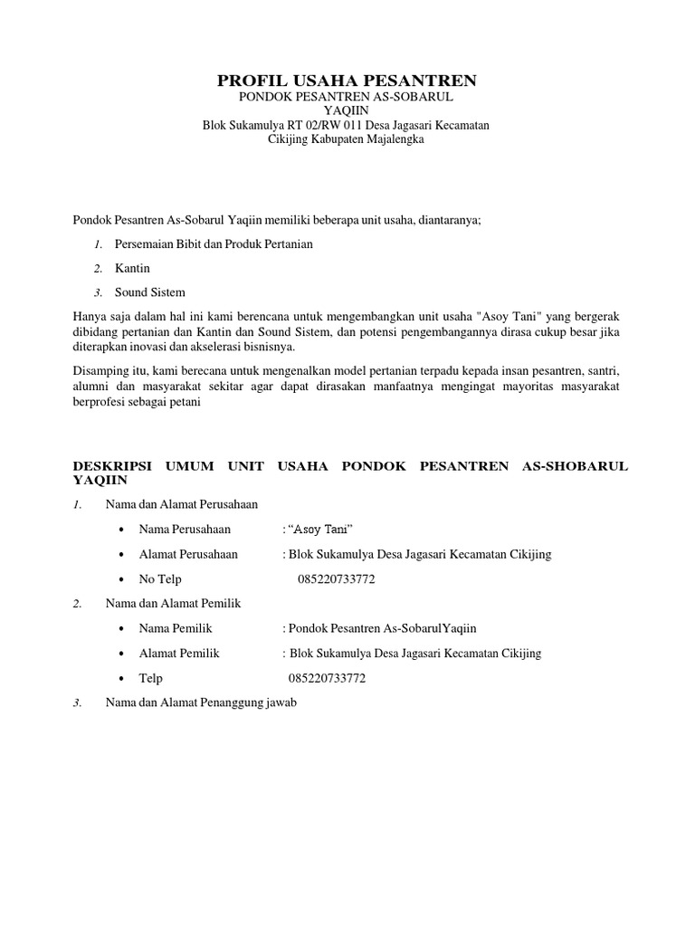 Profil Usaha Pertanian Asoy (PP As Sobarul Yaqiin) | PDF