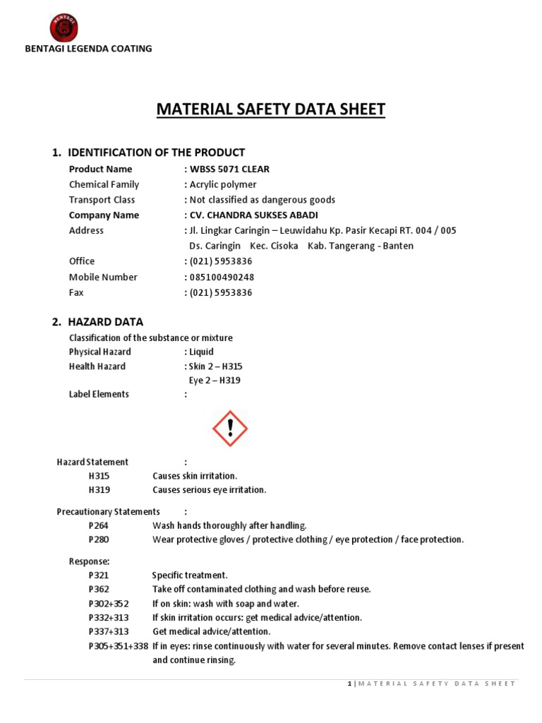 MSDS Bentagi Legenda WBSS 5071 Clear | PDF | Fires | Firefighting