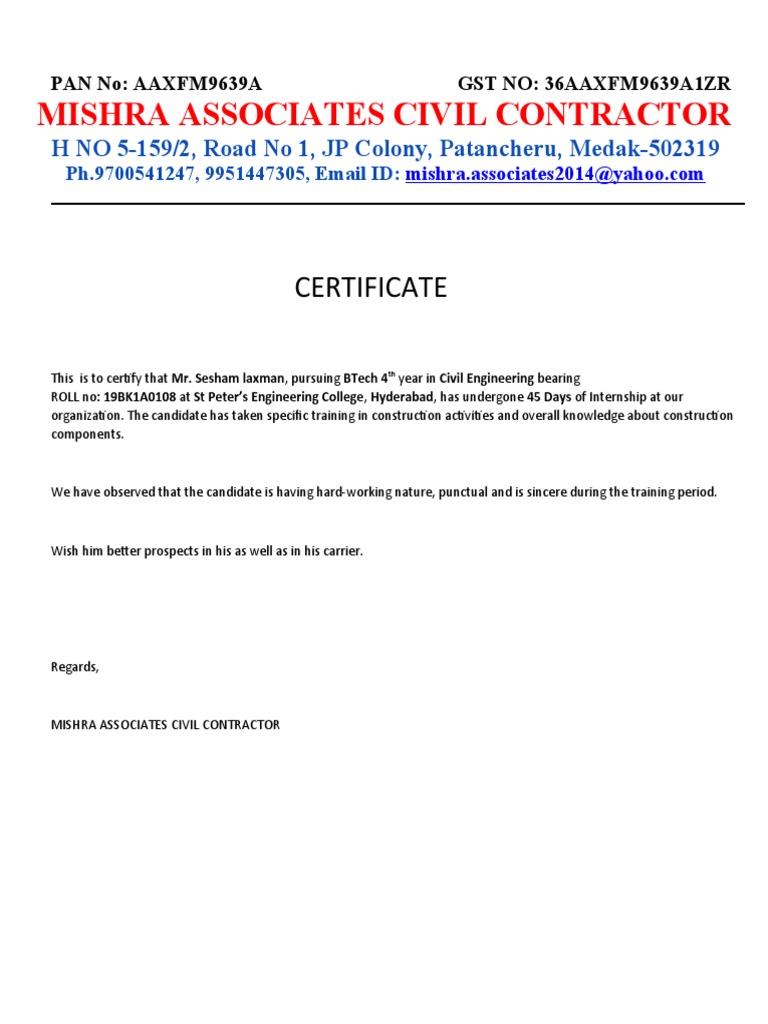 Certificate of Completion for a 45-Day Civil Engineering Internship ...
