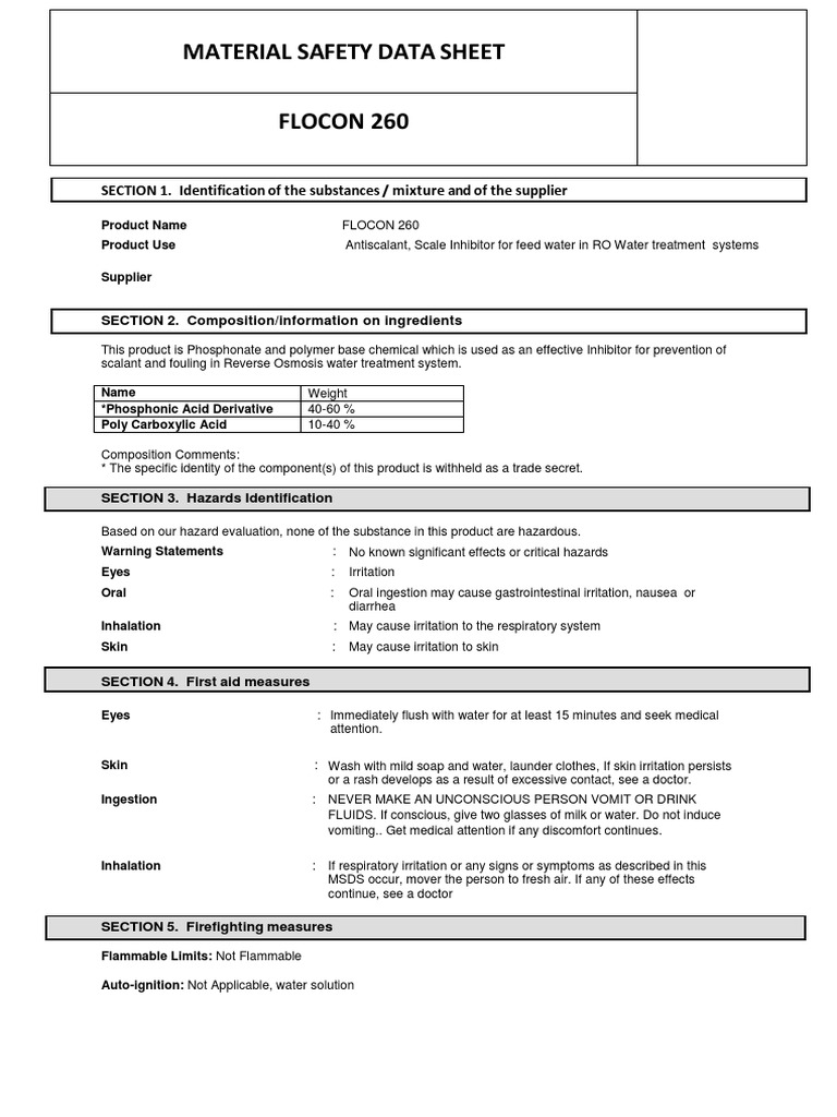 MSDS Flocon 260 N | PDF | Toxicity | Water