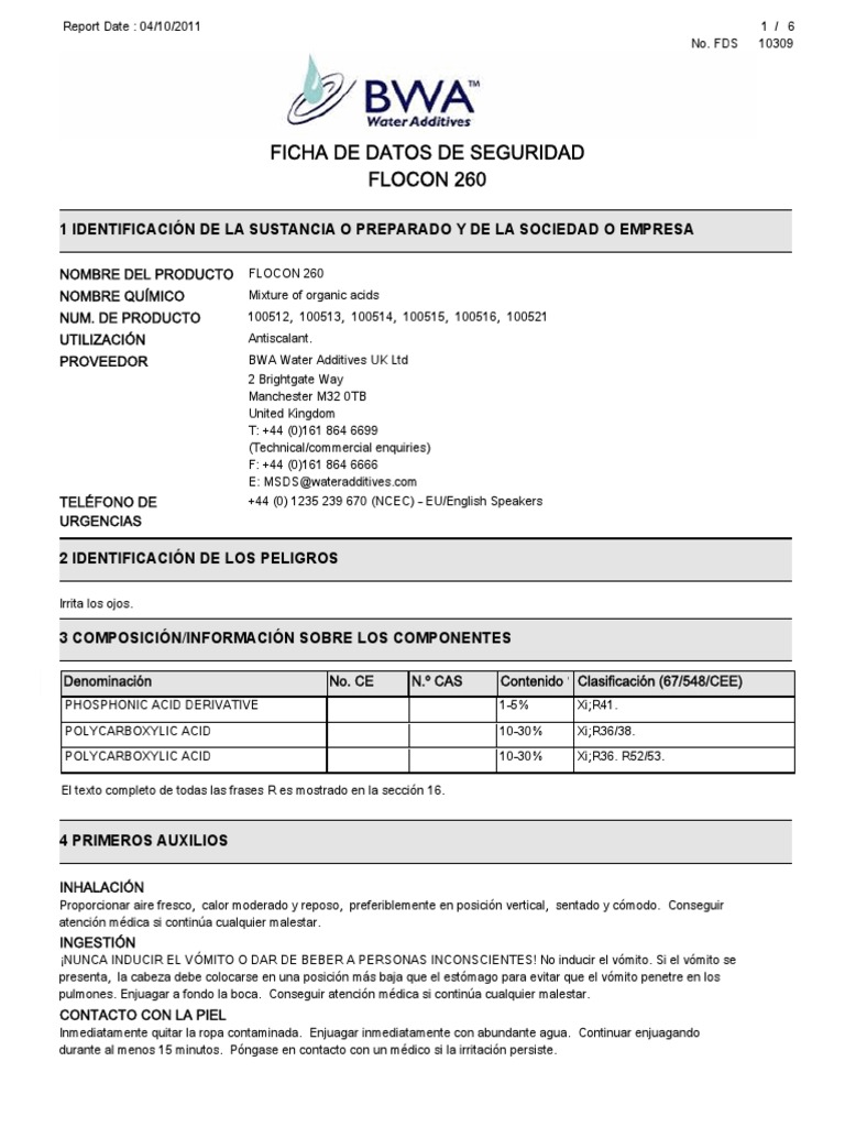 Ficha de Seguridad Flocon 260 | PDF | Agua | Dióxido de carbono