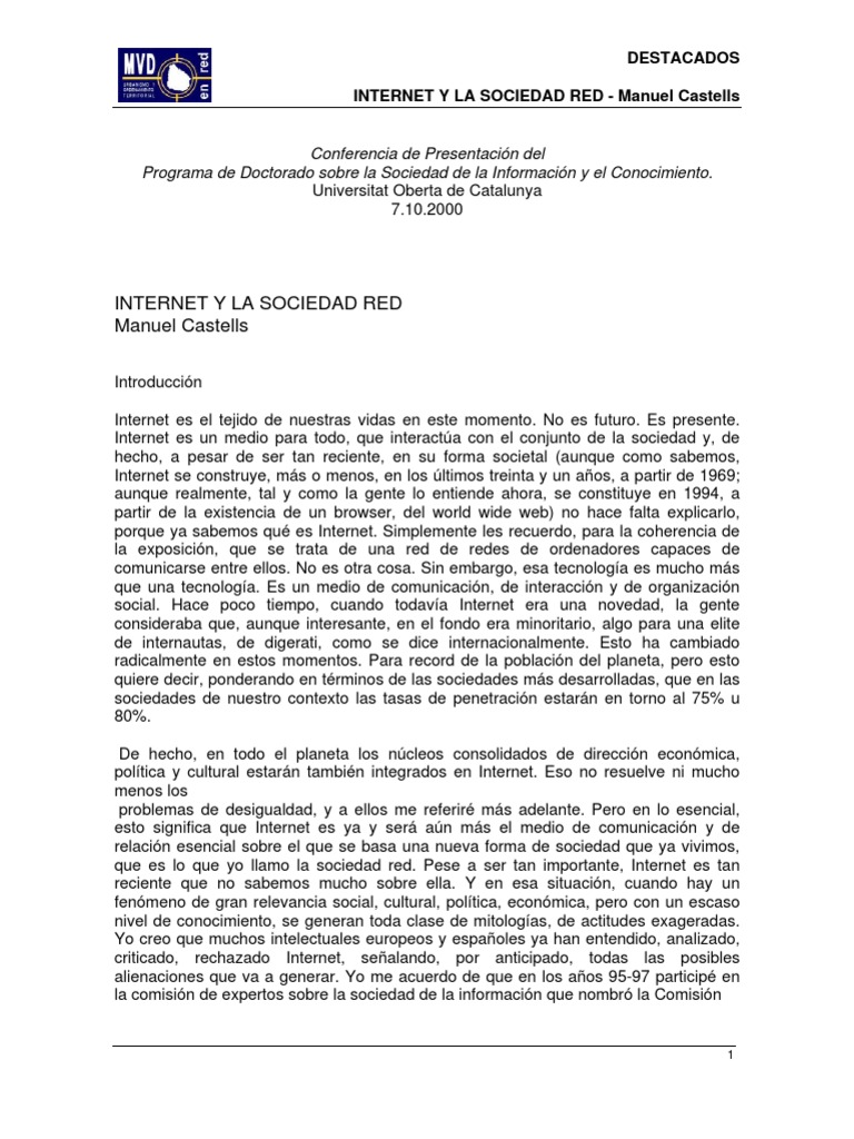 INTERNET Y LA SOCIEDAD RED Manuel Castells | PDF | Bolsa | Internet