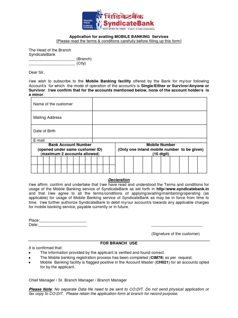 Mobile Banking Application Form | PDF