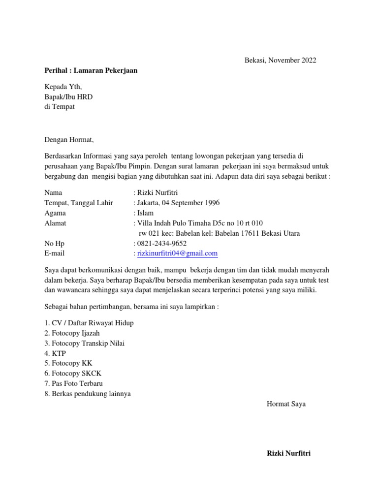 Lamaran Pekerjaan - Rizki Nurfitri | PDF | Pengembangan Diri