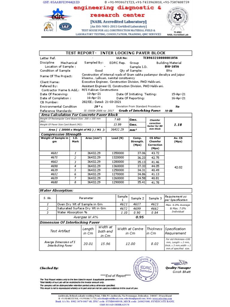 Test Report-Inter Locking Paver Block | PDF | Metrology | Materials