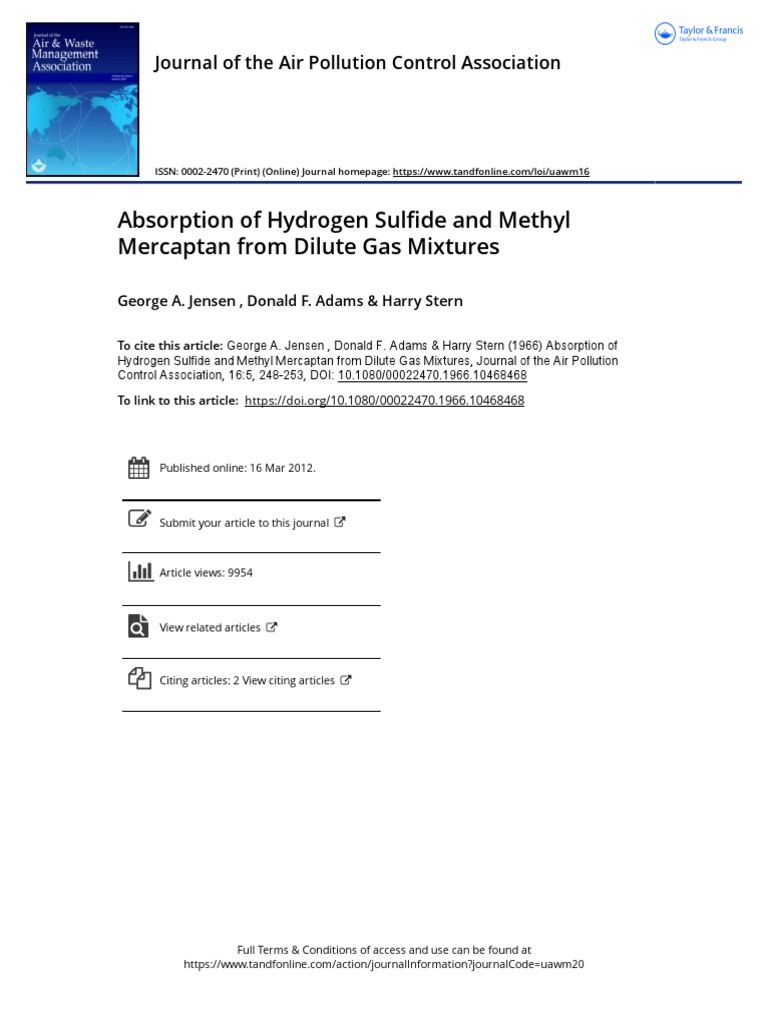 Absorption of Hydrogen Sulfide and Methyl Mercaptan From Dilute Gas ...