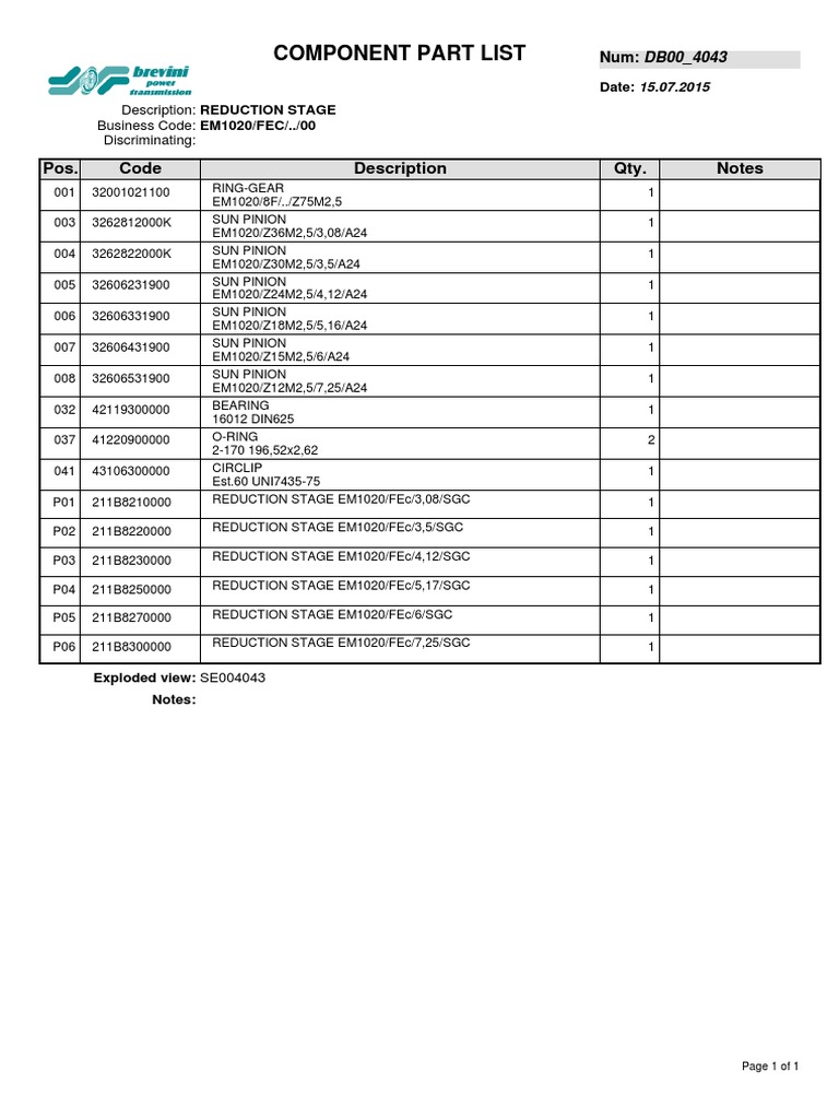 Component Part List: Pos. Code Description Qty. Notes | PDF | Home ...