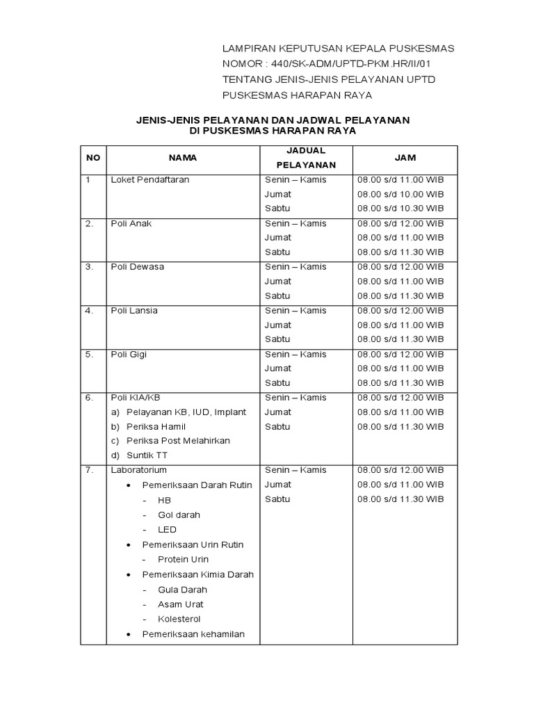 1.1.1.1 Jenis-Jenis Pelayanan Dan Jadual Di Puskesmas | PDF