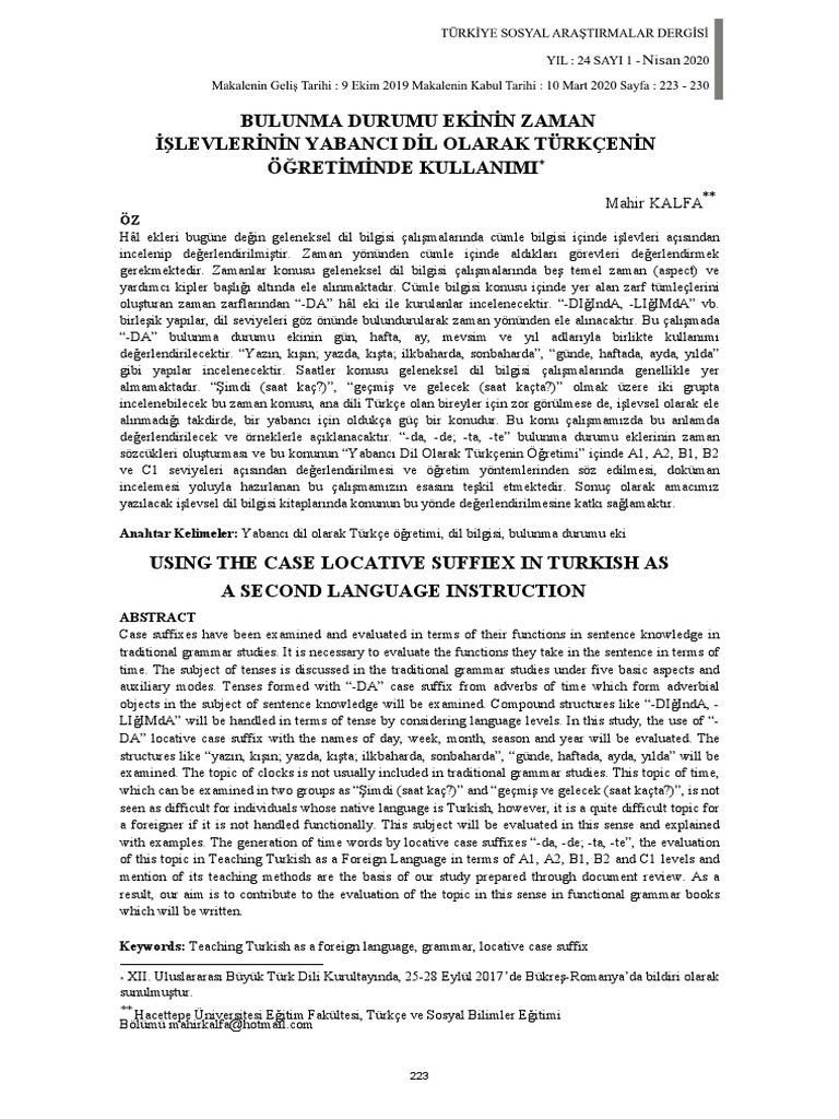 Bulunma Durumu Ek N N Zaman Levler N N Yabanci D L Olarak T RK en N Ret M Nde Kullanimi (#631381 ...