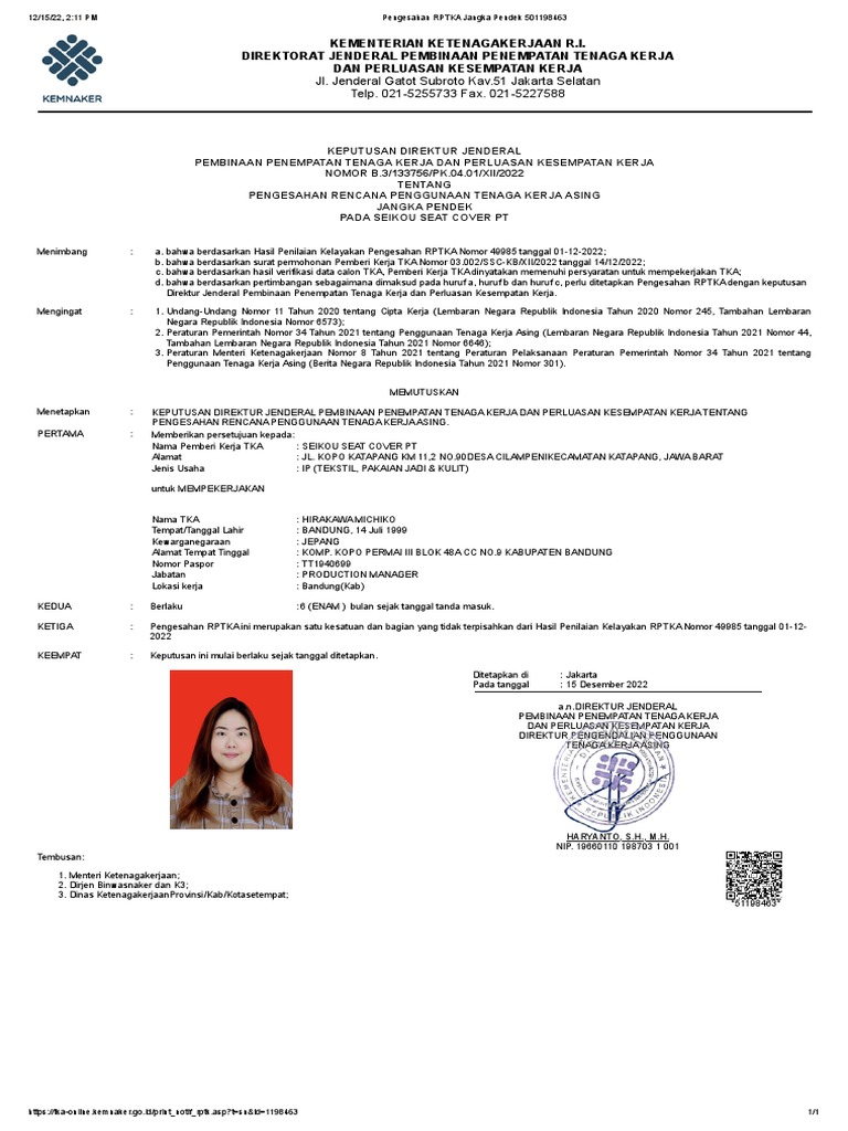 Pengesahan RPTKA Seikou Seat Cover | PDF