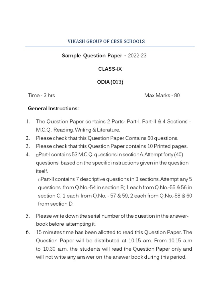 Class Ix Odia Sample Question Paper-2022-23 (Class-Ix) | PDF
