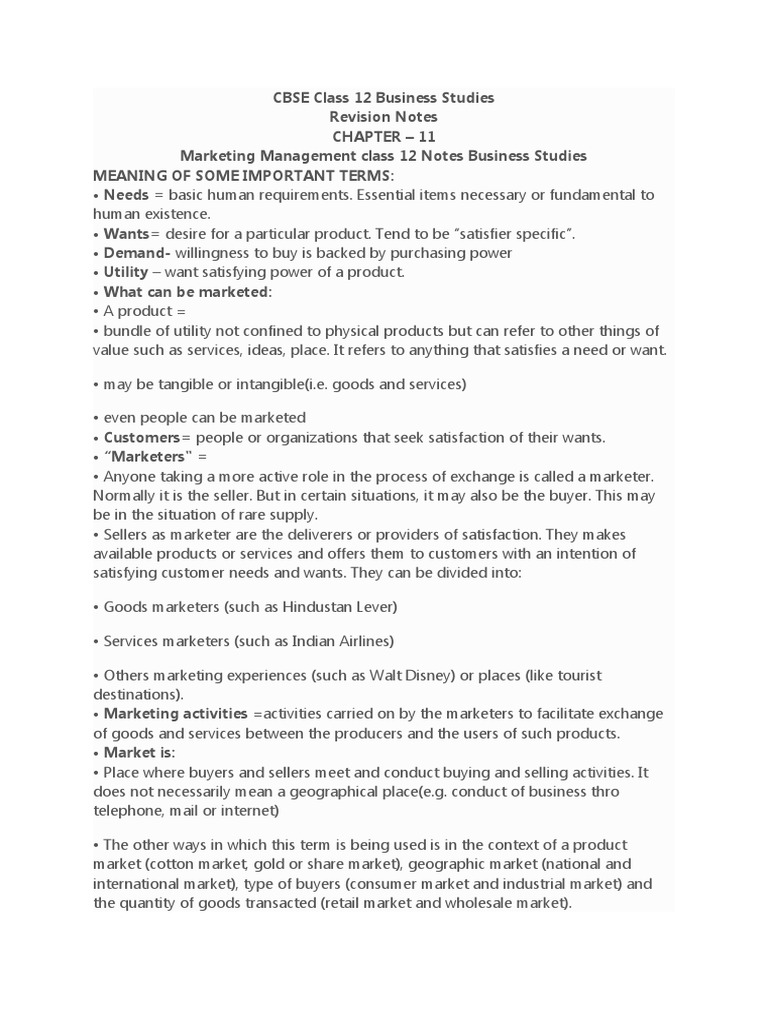 CBSE Class 12 Business Studies Marketing Management | PDF | Marketing ...