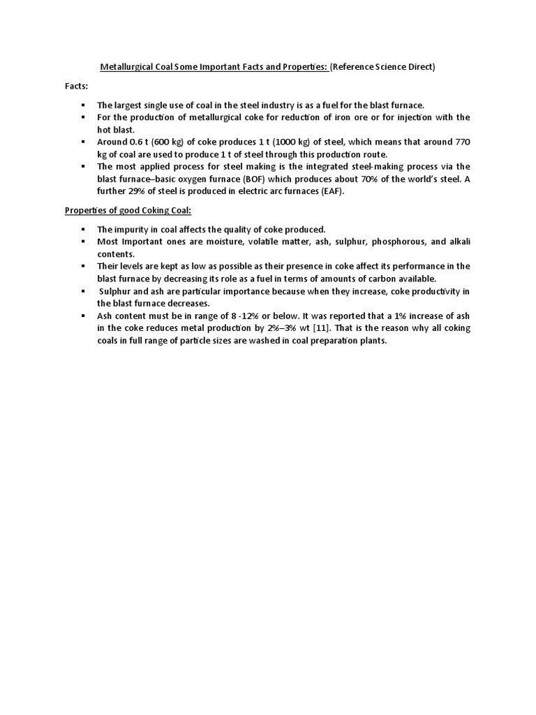 Metallurgical Coal Some Important Facts and Properties | PDF