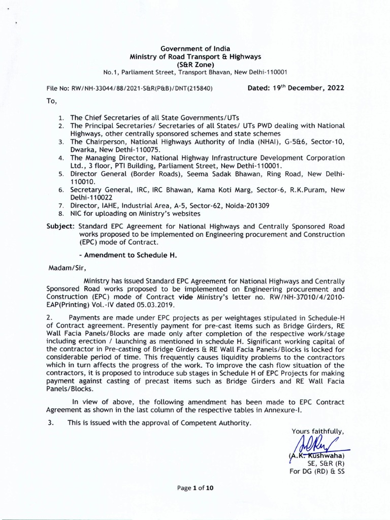 MoRTH File No - DNT 215840 - Amendment To SCH-H - 19!12!2022 (SCH H ...