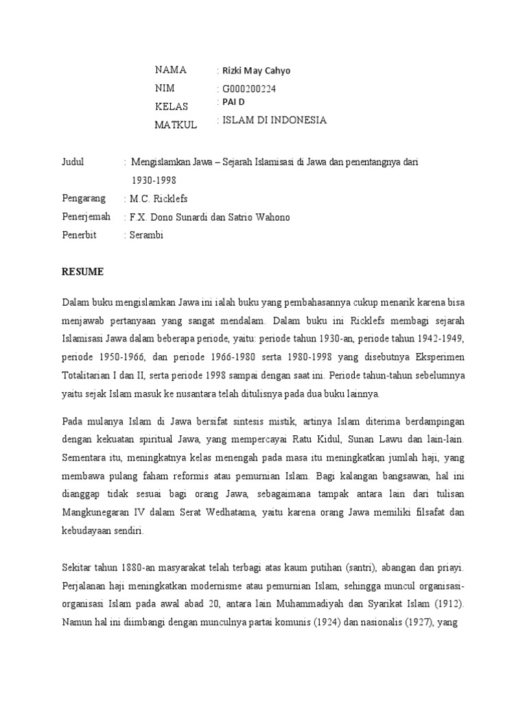 Aulia Nur Aini - RESUME MENGISLAMKAN JAWA | PDF | Agama & Spiritualitas