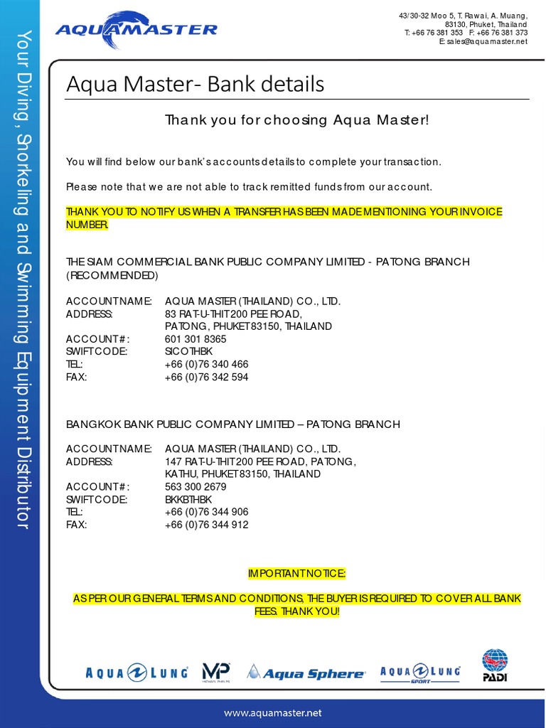Aqua Master Bank Details for Transactions | PDF | Service Industries ...