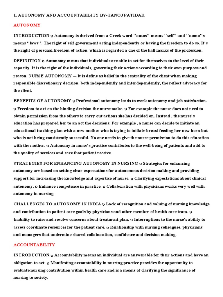 Autonomy and Accountability | PDF | Autonomy | Nursing