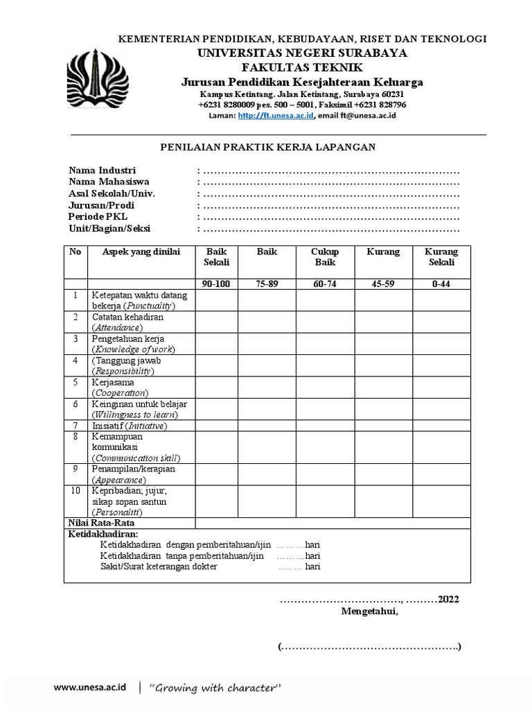 Form Lembar Penilaian Magang-PKL Dari Industri | PDF