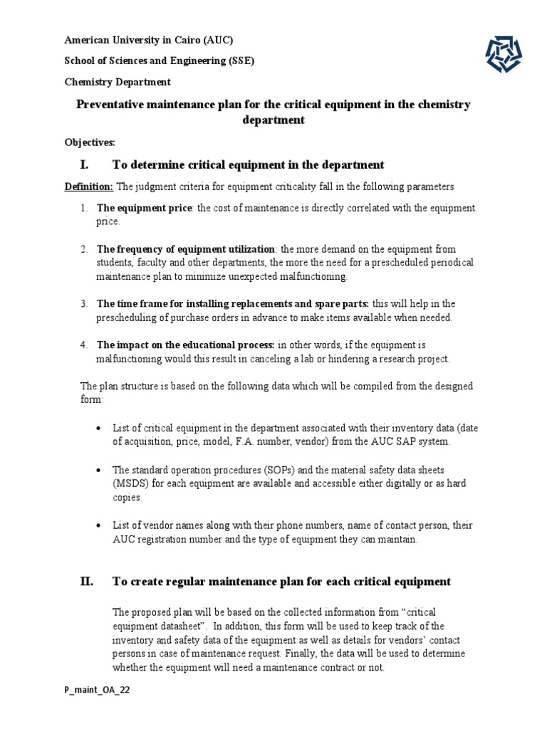Equipment Preventive Maintenance Plan Pdf